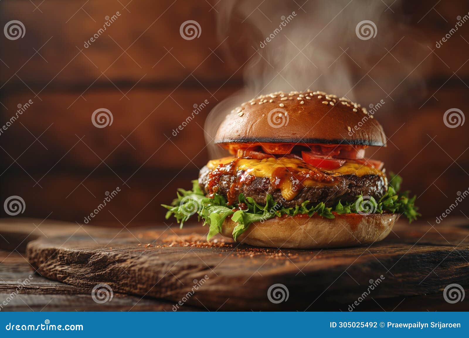Delicious Burger with Melted Cheese on Wooden Table Stock Photo - Image ...