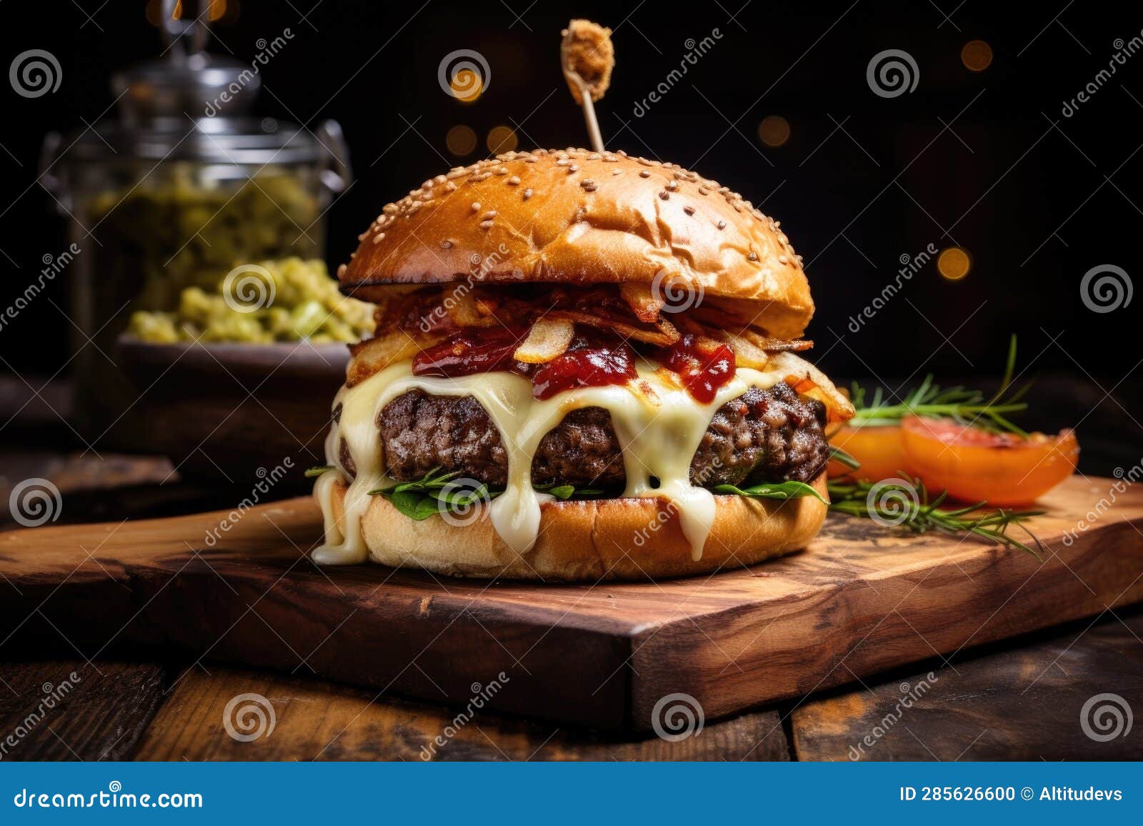 Delicious Burger with Melting Cheese on a Rustic Plate Stock Photo ...