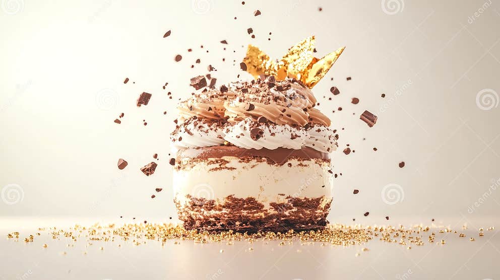 Delicious Cake Exploding with Chocolate Pieces and Gold Flakes Stock ...