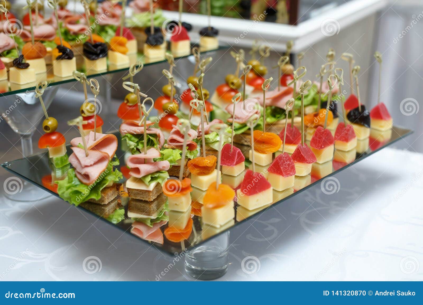 Delicious Canapes with Ham, Cheese and Fruit Stock Photo - Image of ...