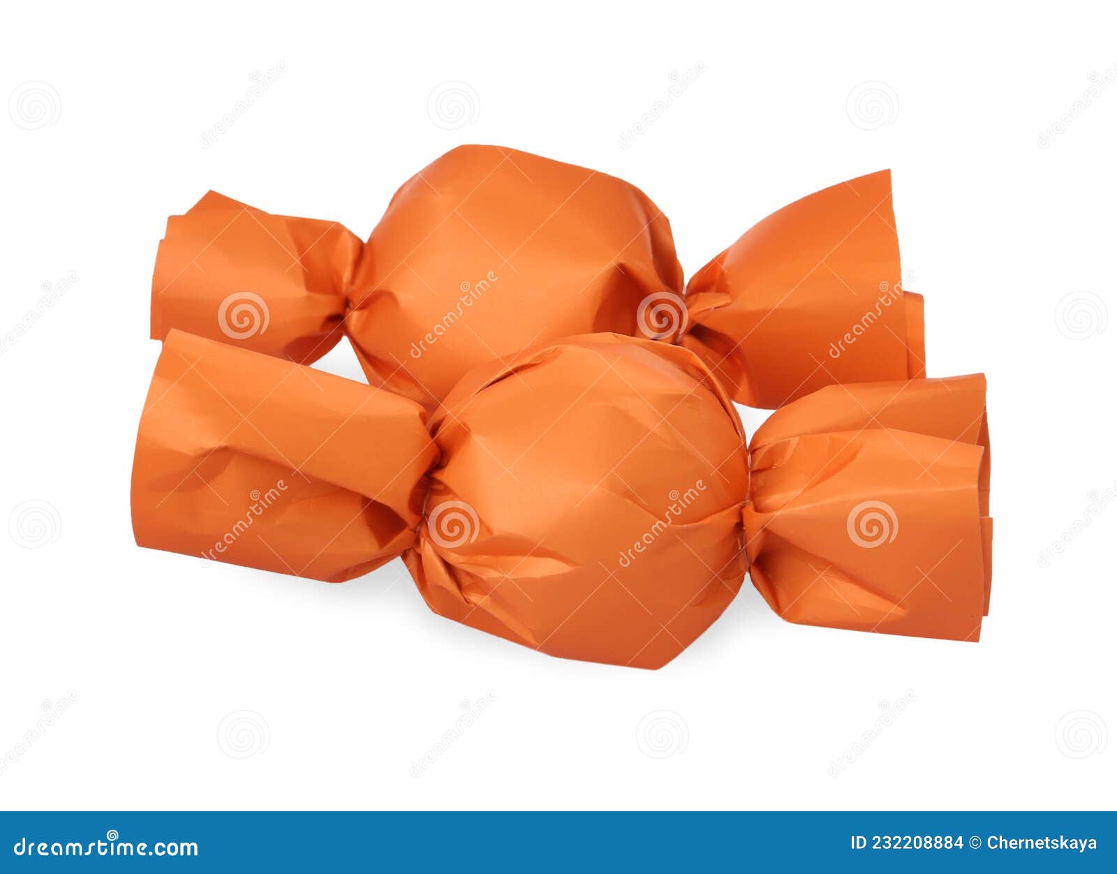 Delicious Candies in Orange Wrappers Isolated on White Stock Photo ...