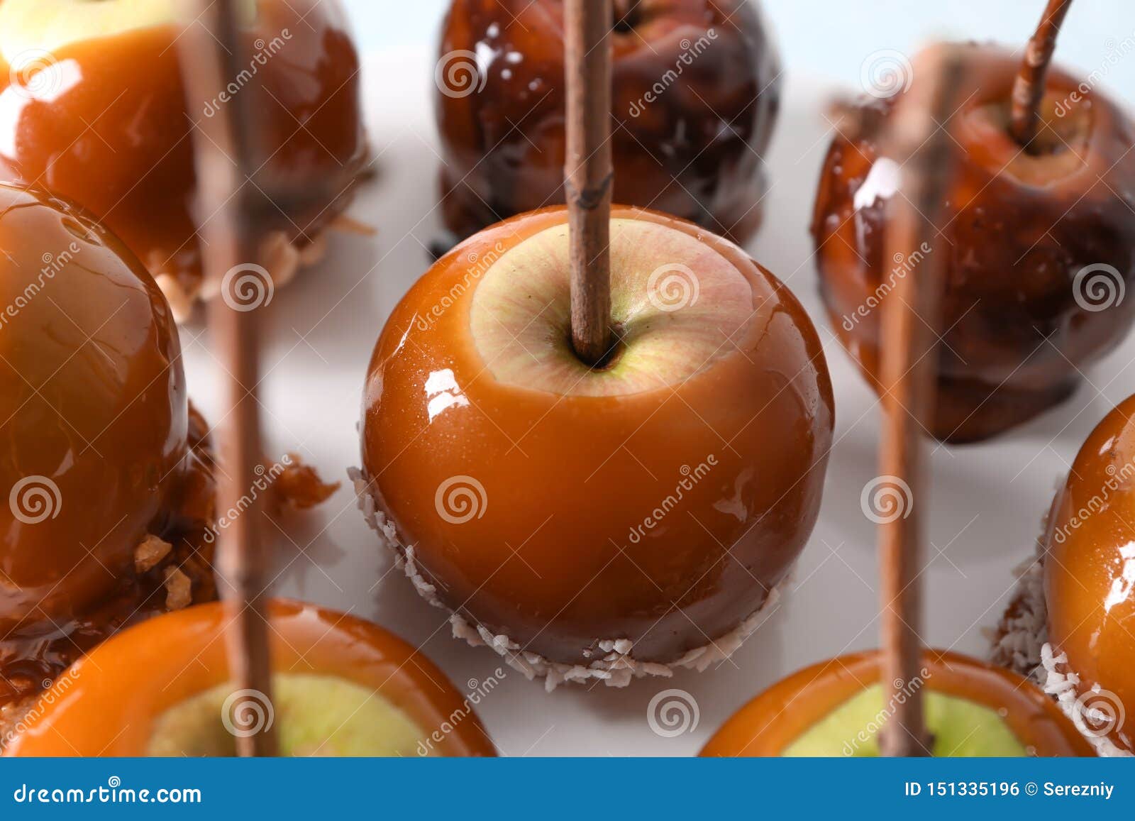 Delicious Caramel Apples with Tree Branches on Stand, Closeup Stock ...