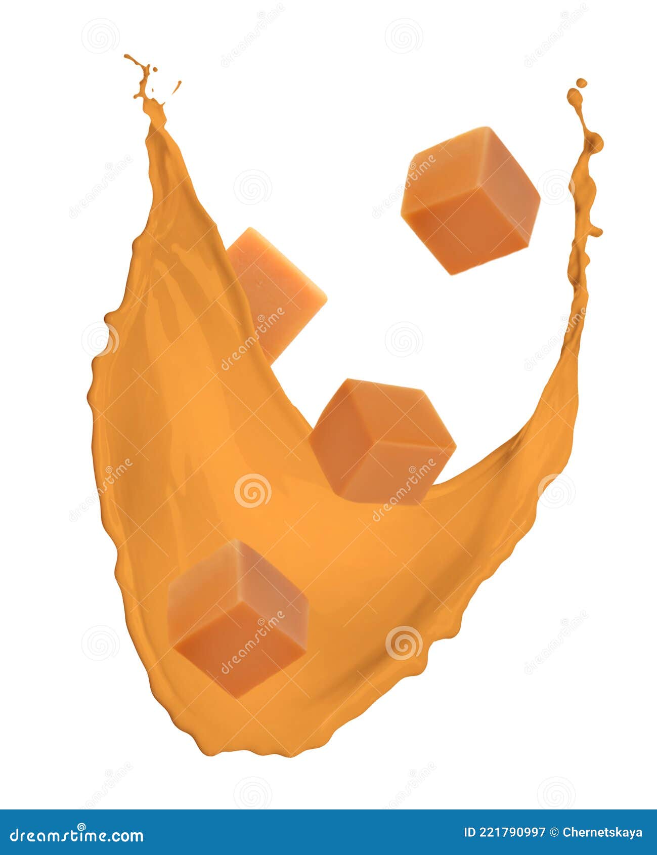 Delicious Caramel Cubes and Sauce Flying on White Background Stock ...