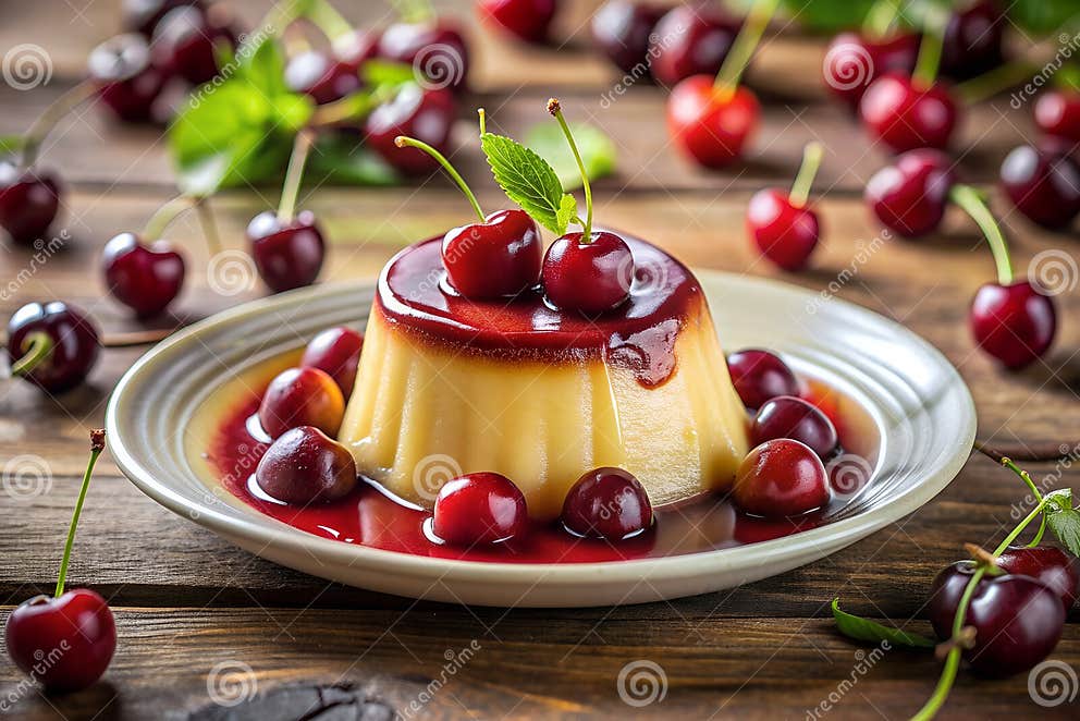 Delicious Cherry Pudding in a Plate on a Rustic Wooden Table. Stock ...