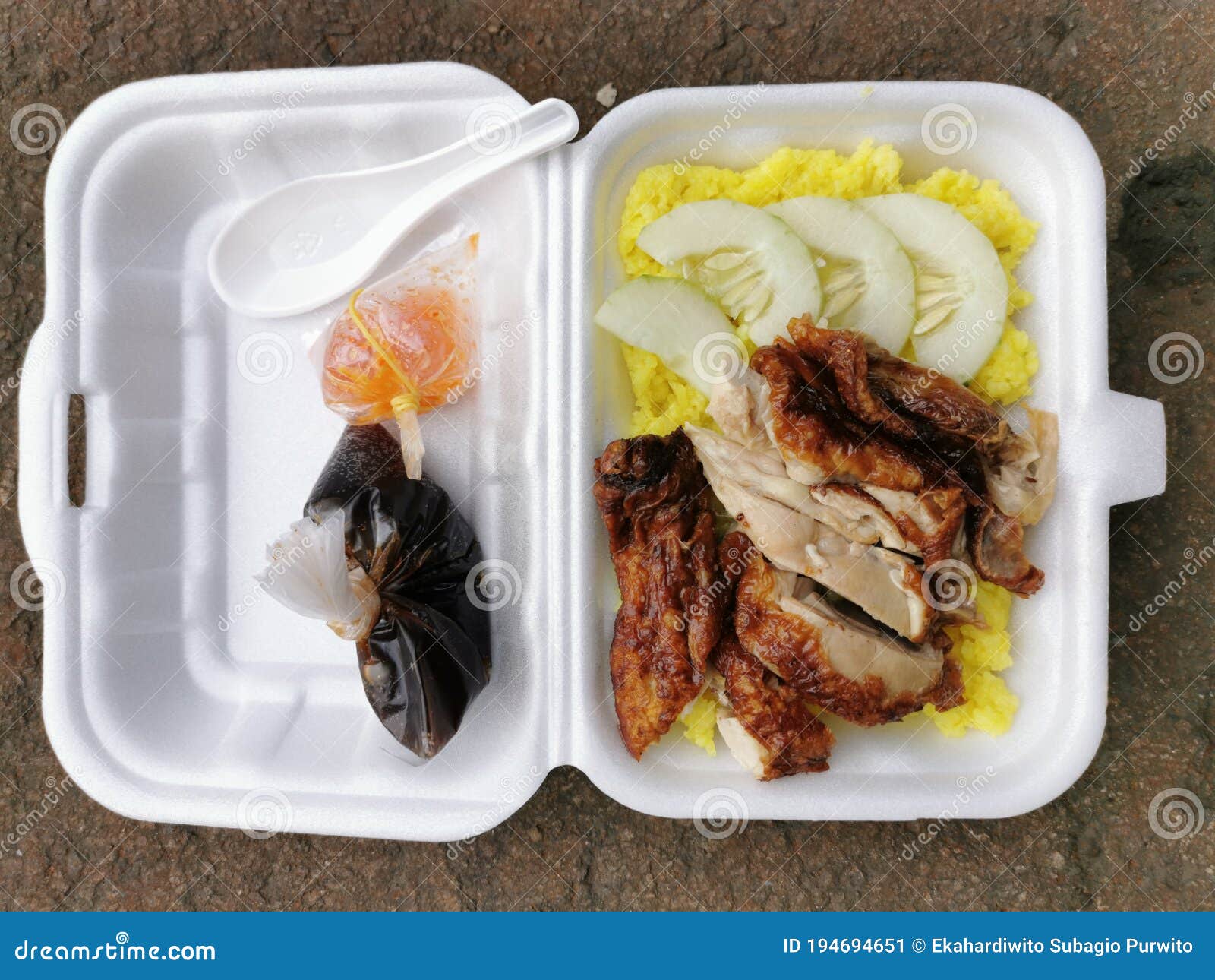 Delicious Chicken Rice in Polystyrene Packaging. Stock Image - Image of ...