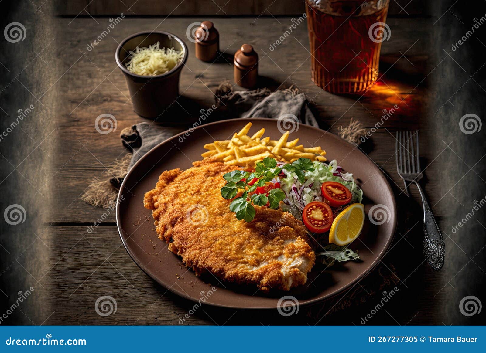 Delicious Chicken Schnitzel with Salad, Chips and Dip Stock ...