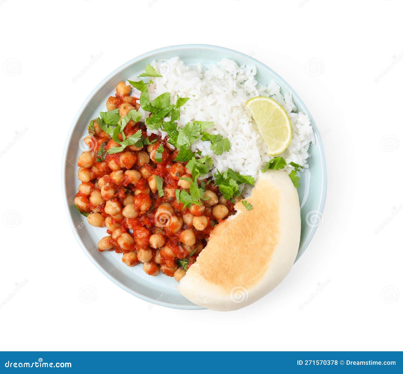 Delicious Chickpea Curry, Rice and Flatbread Isolated on White, Top ...