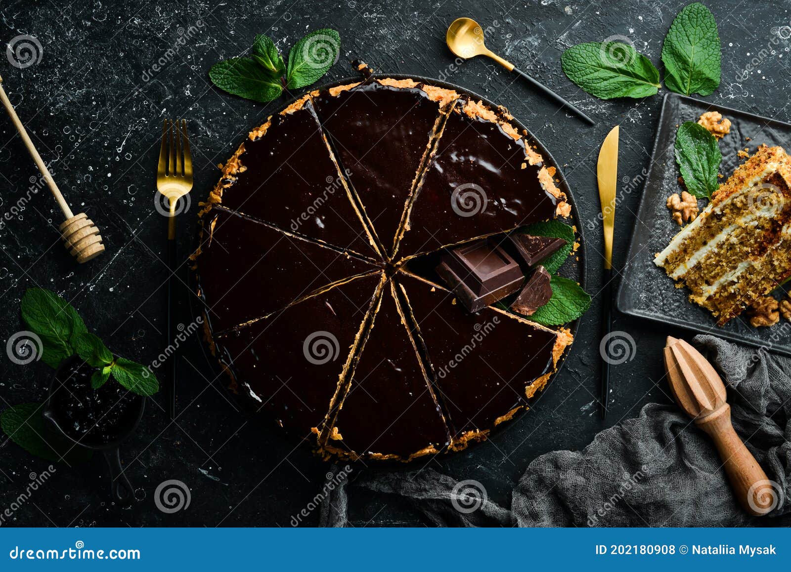 Delicious Chocolate Cake on a Black Stone Plate. Stock Photo - Image of ...
