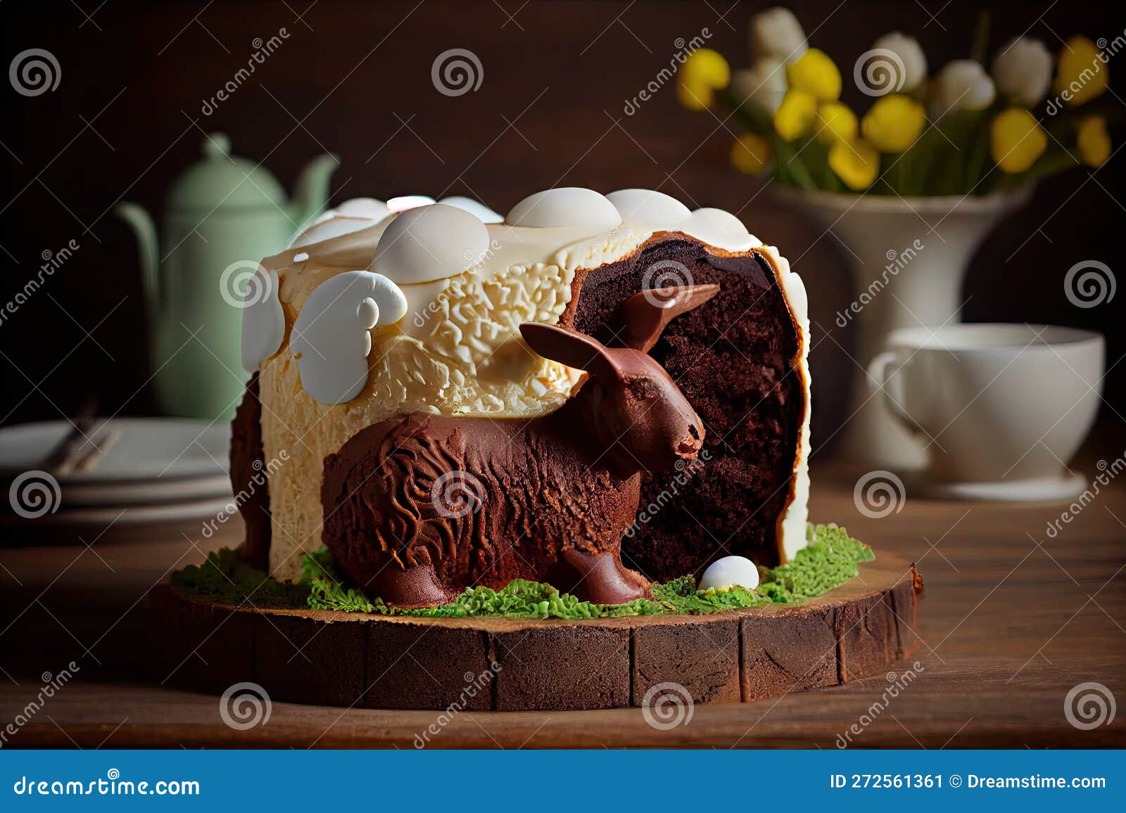Delicious Chocolate Easter Lamb Cake in Section on Table Stock ...