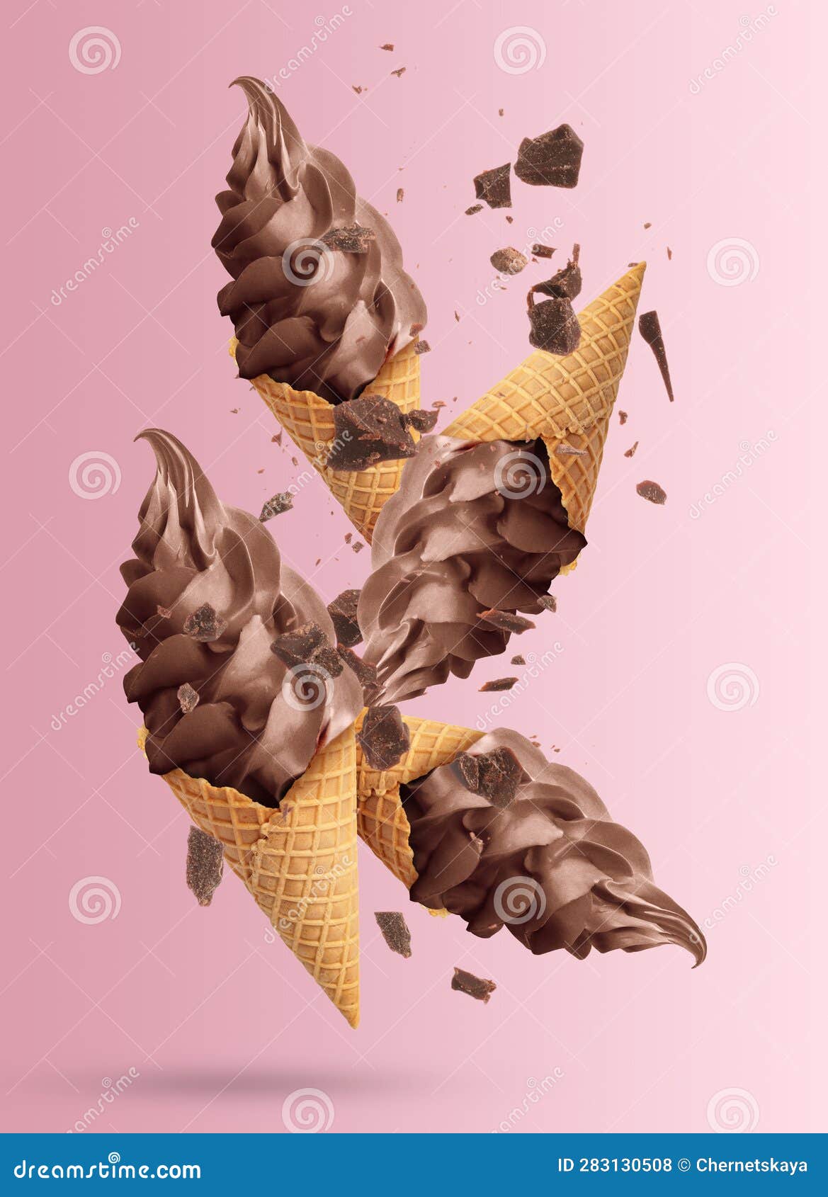 Delicious Chocolate Ice Cream in Crispy Cones Falling on Pink Stock ...