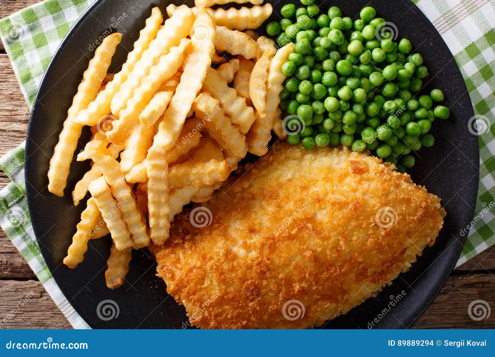 Delicious Cod Fish and Chips with Peas Close-up on a Plate. Horizontal ...