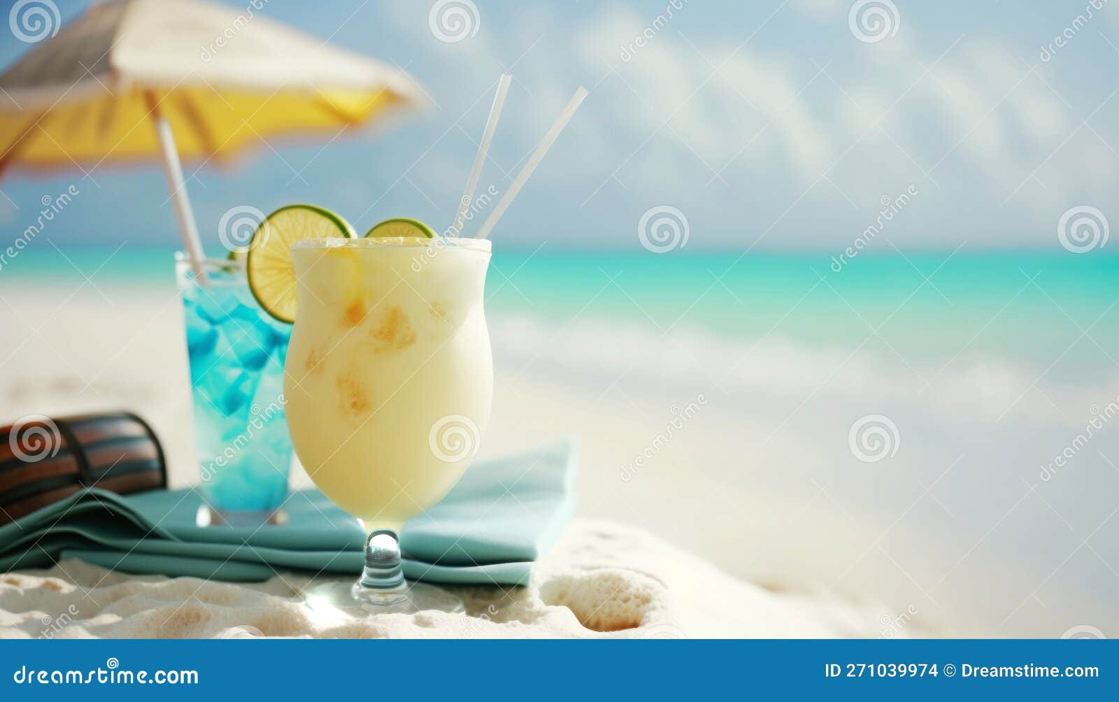 A Delicious Cold Cocktail Drink With A Colorful Umbrella And Tropical