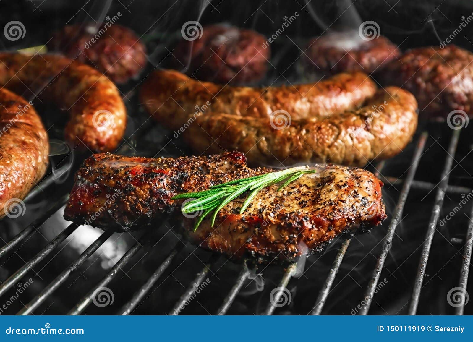 Delicious Cooked Meat on Barbecue Grill, Closeup Stock Image - Image of ...