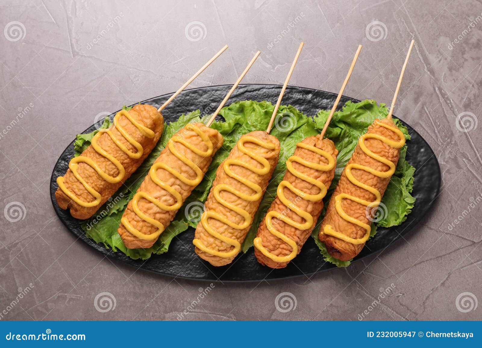 Delicious Corn Dogs with Mustard on Grey Table, Top View Stock Image ...