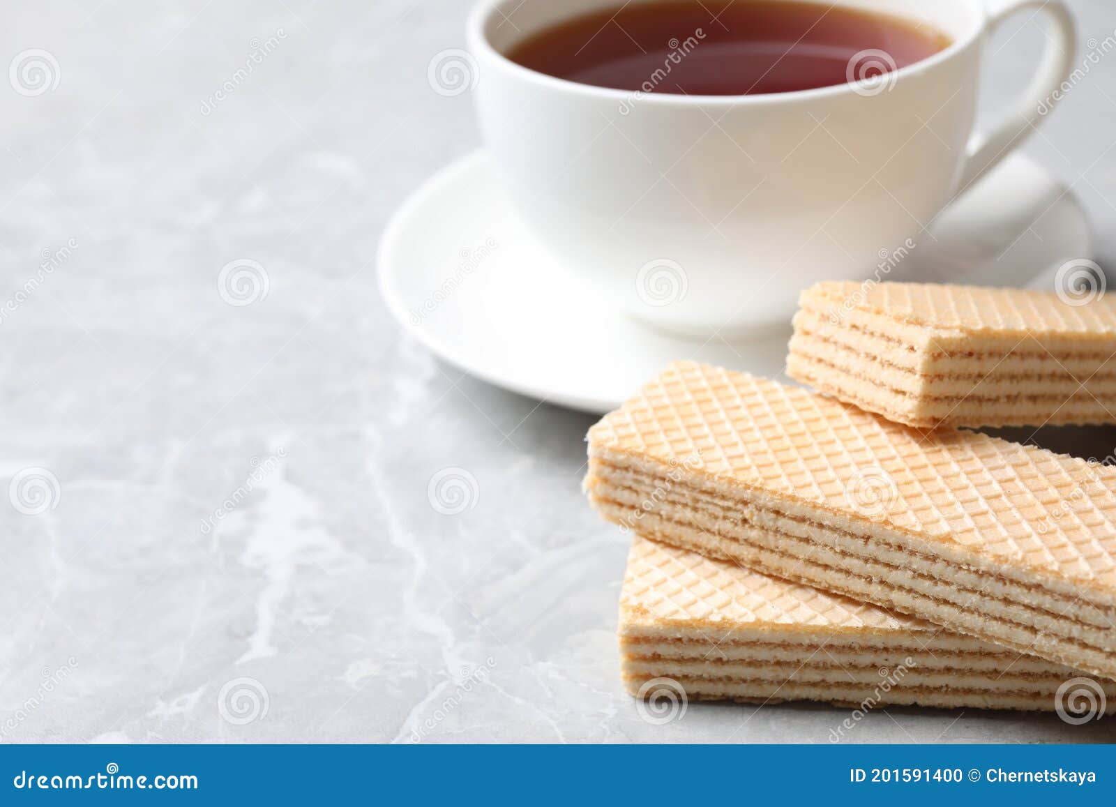 Delicious Cream Wafers on Light Grey Marble Table, Closeup. Space for ...
