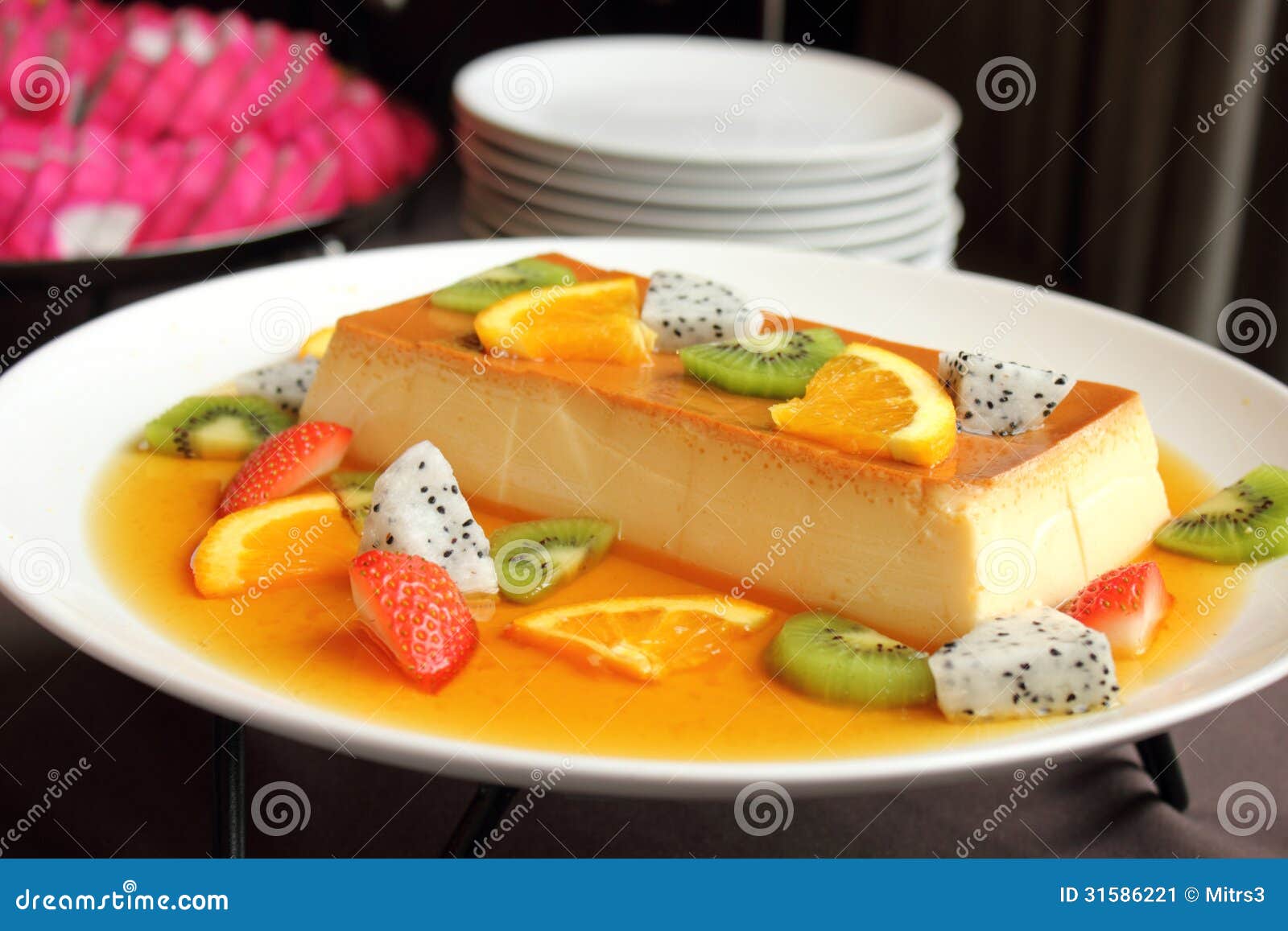 Delicious Creme Caramel Dessert with Fruit Stock Image - Image of ...