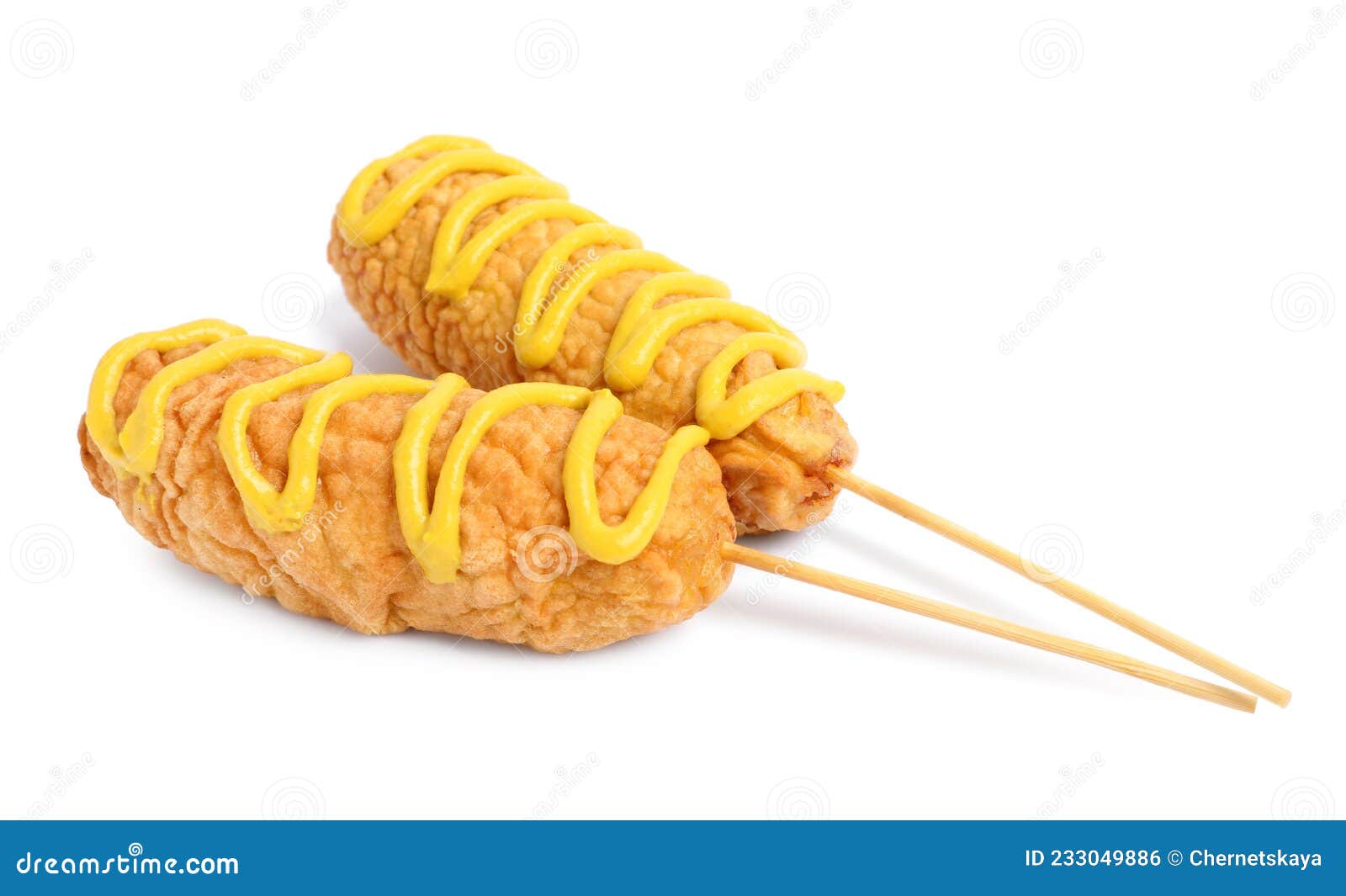 Delicious Deep Fried Corn Dogs with Mustard on White Background Stock ...