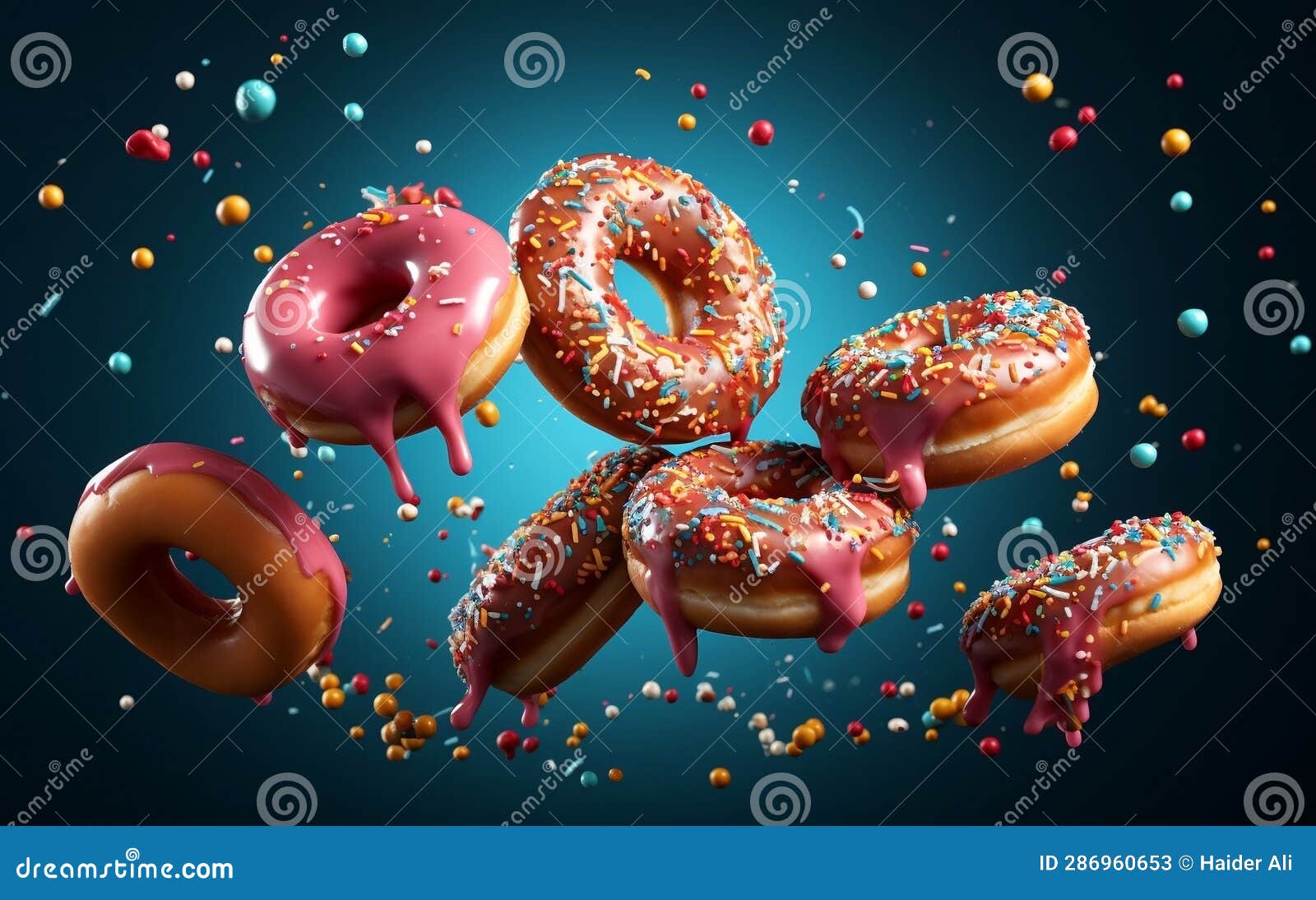 Delicious Donut Falling on Blue Background. Generative AI Stock ...