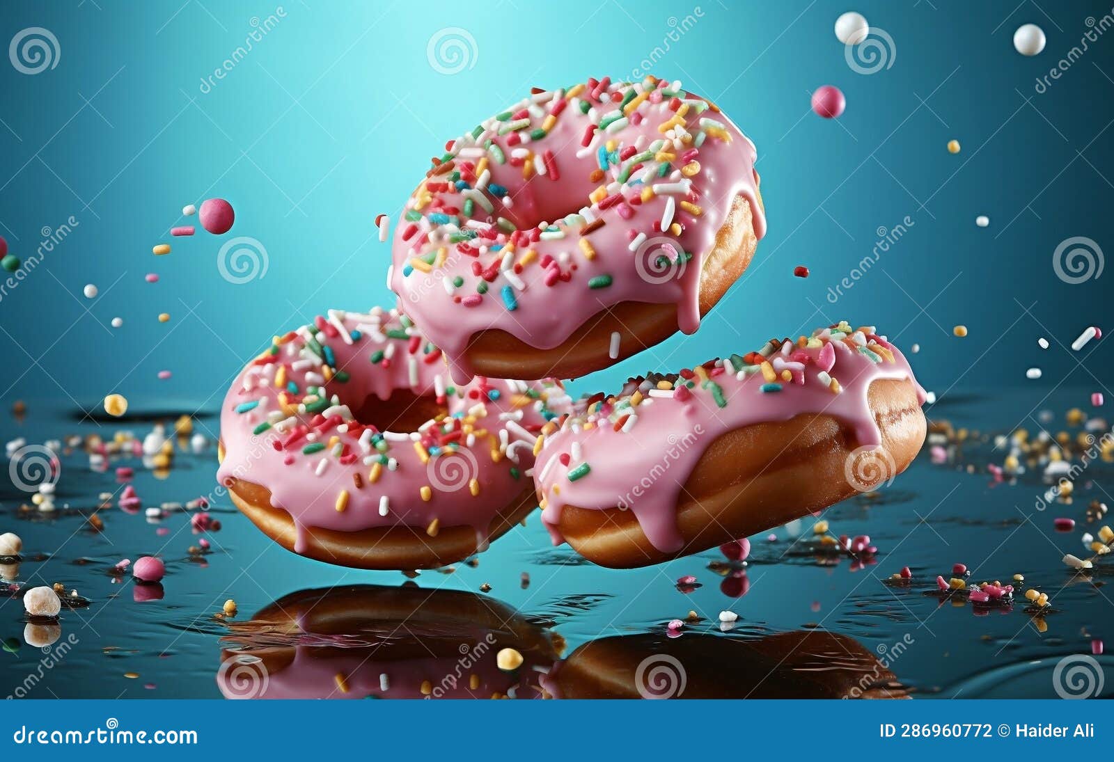 Delicious Donut Falling on Blue Background. Generative AI Stock Photo ...