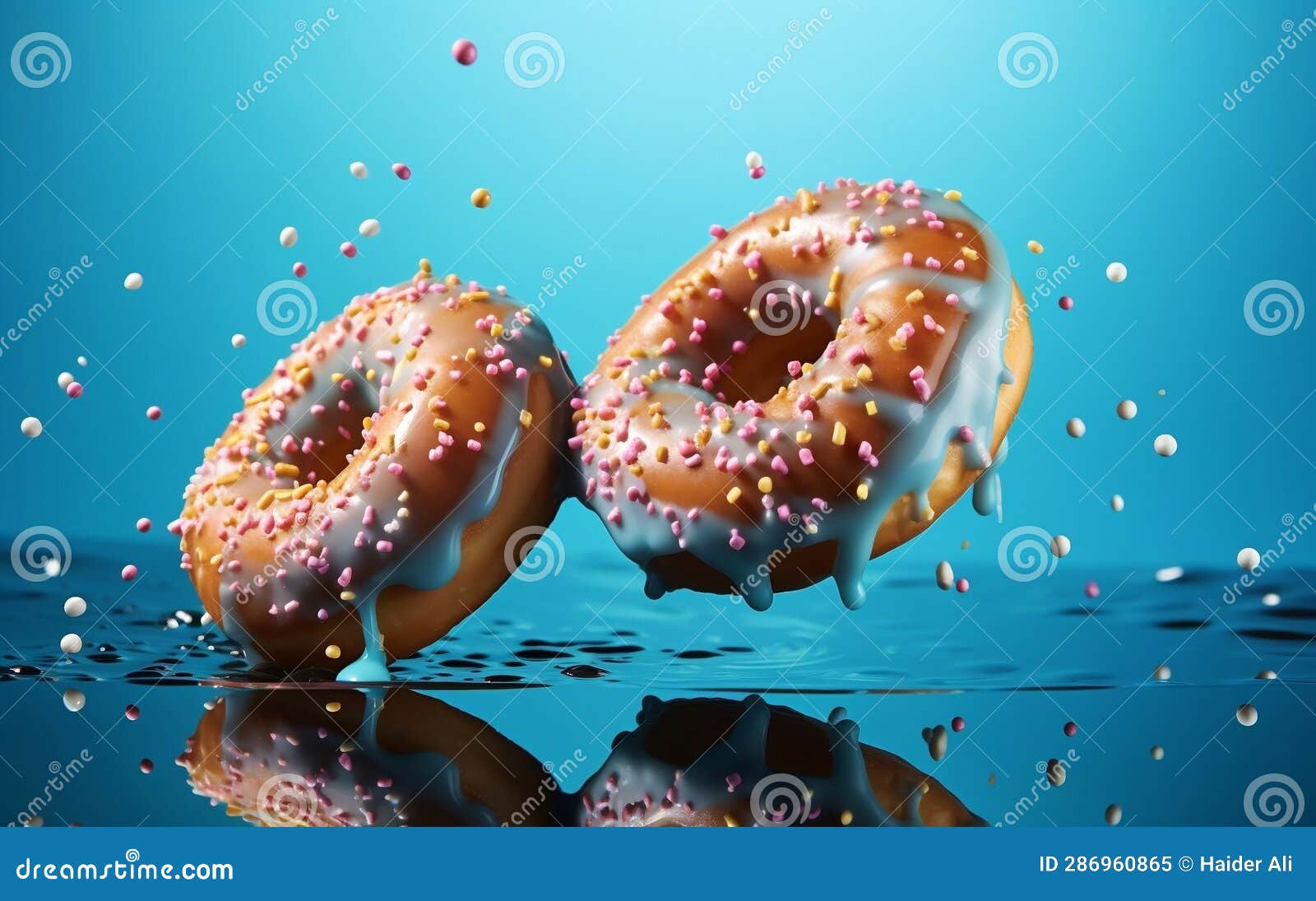 Delicious Donut Falling on Blue Background. Generative AI Stock Image ...