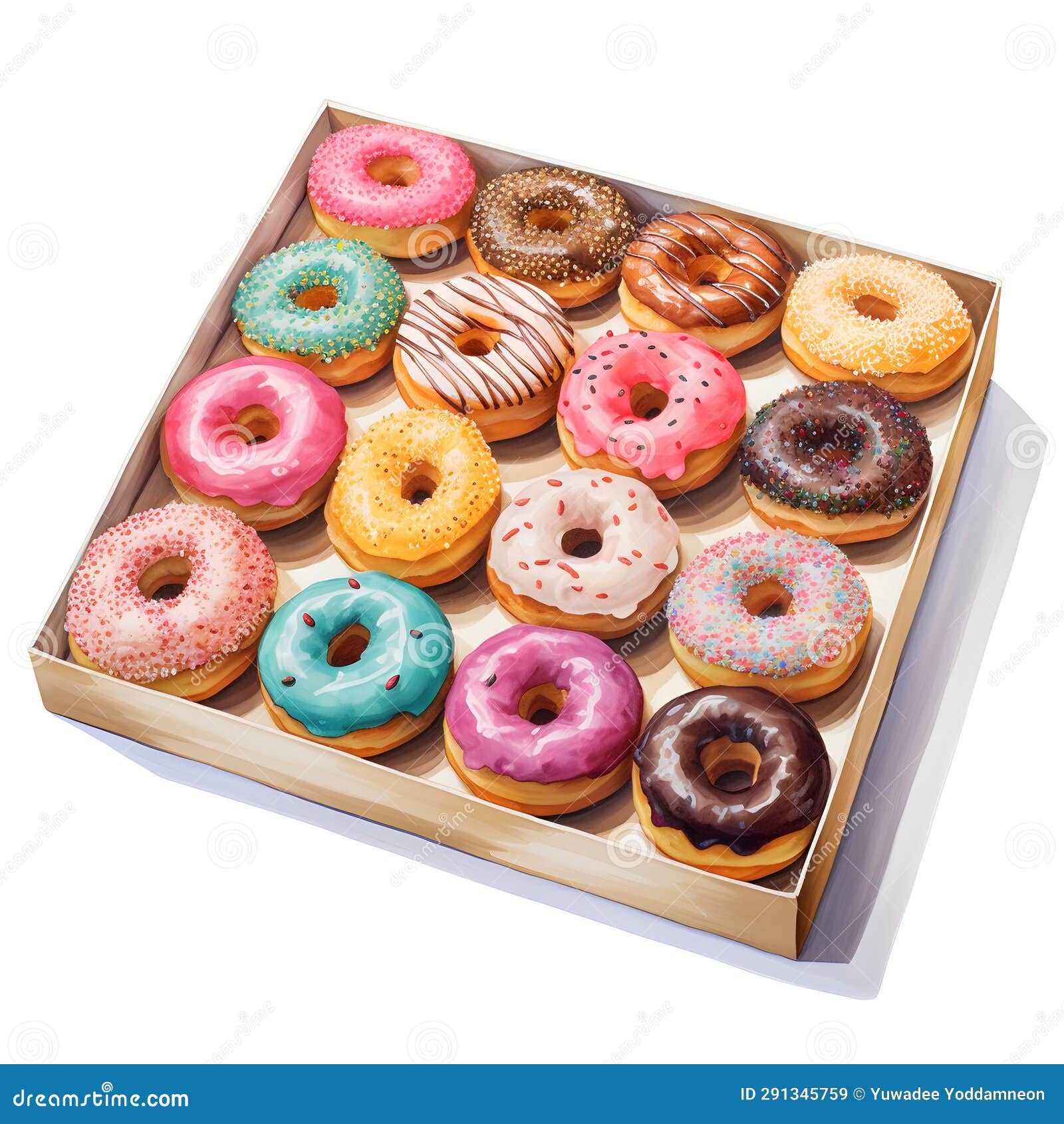 Watercolor Side View Angle Drawings of a Dozen of Sugar Donuts in a ...