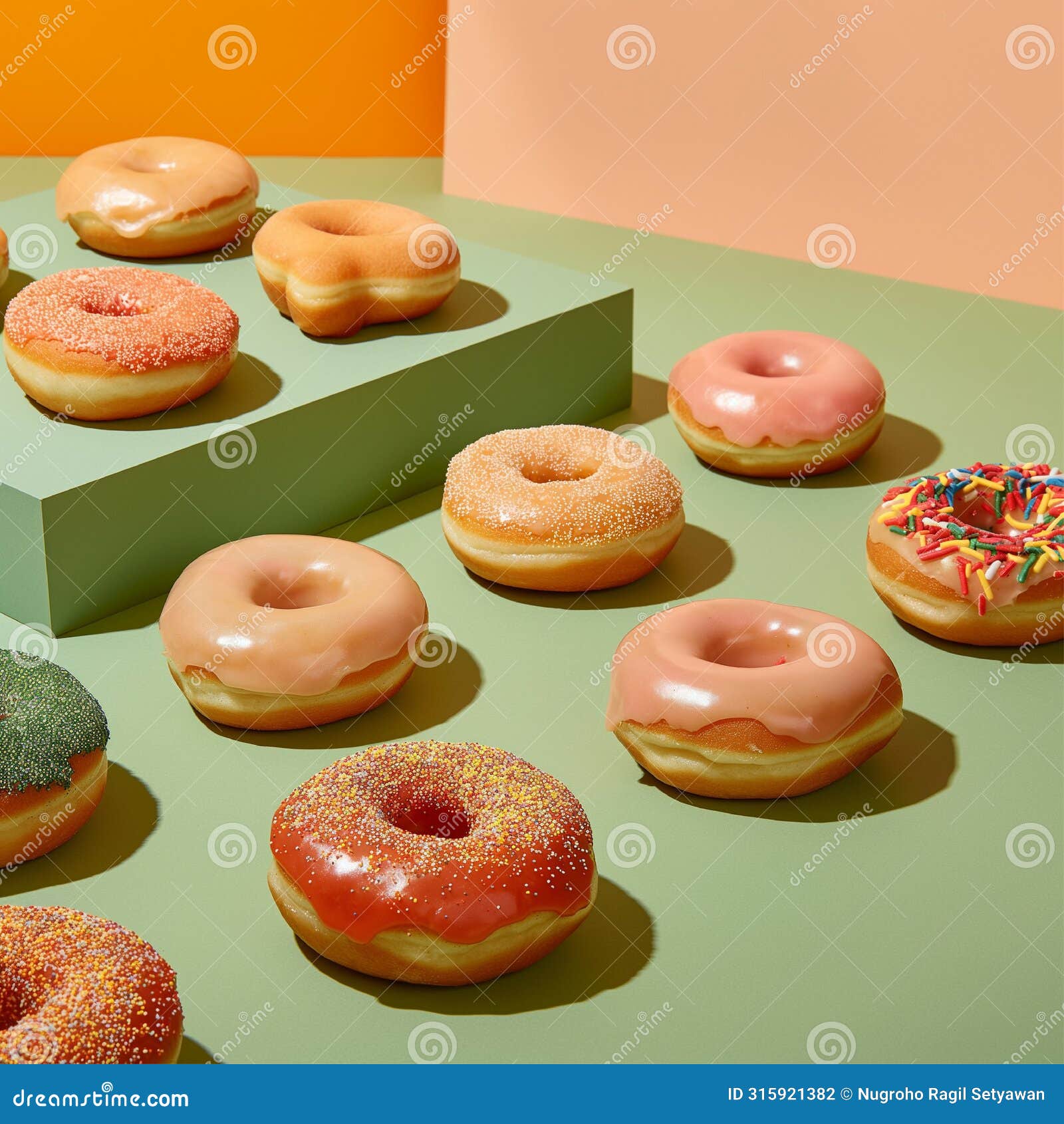 Delicious Donuts on a Green Table with an Empty Peach Background Stock ...