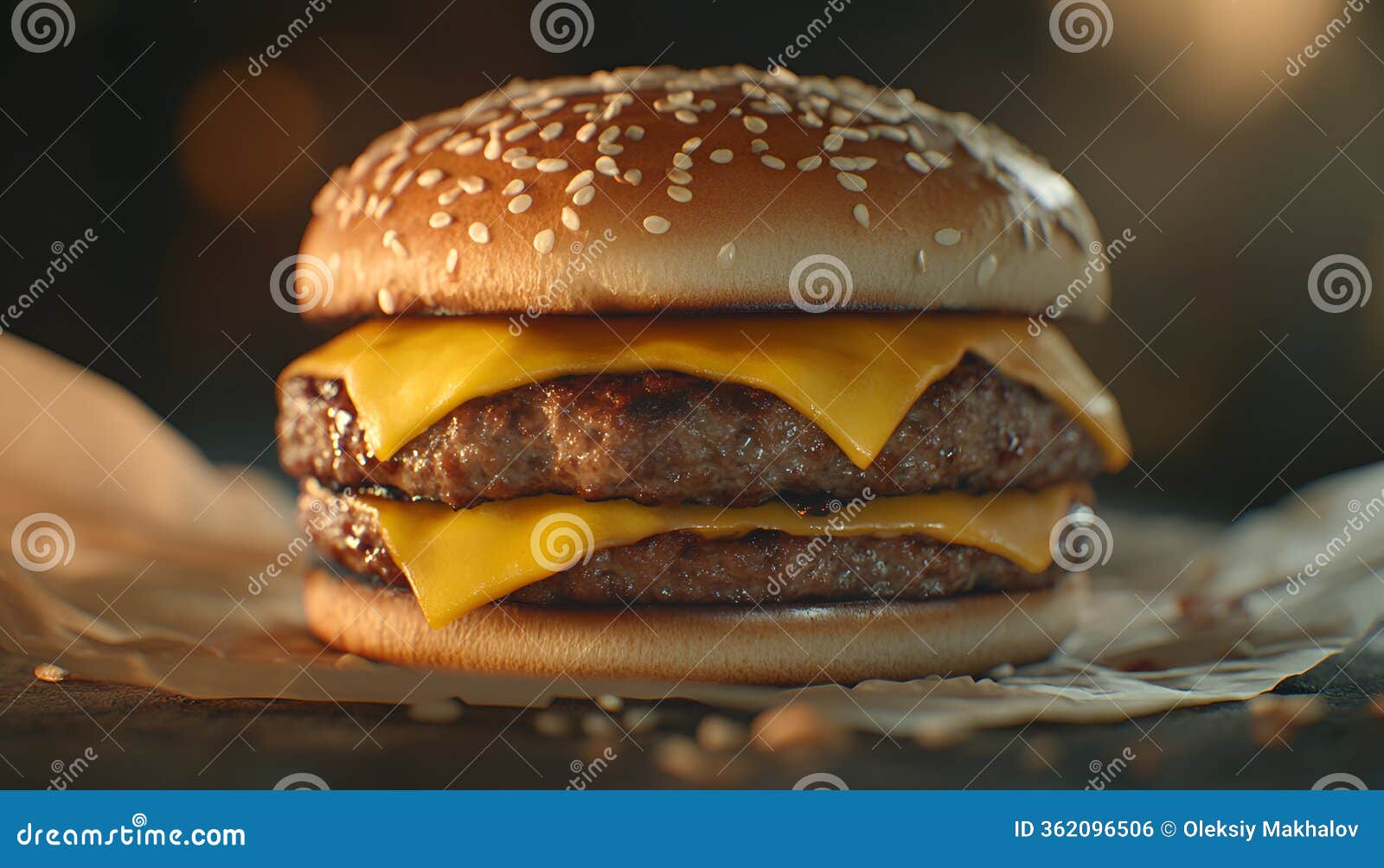 Delicious Double Beef Burger with Sesame Bun on White Paper Surface ...