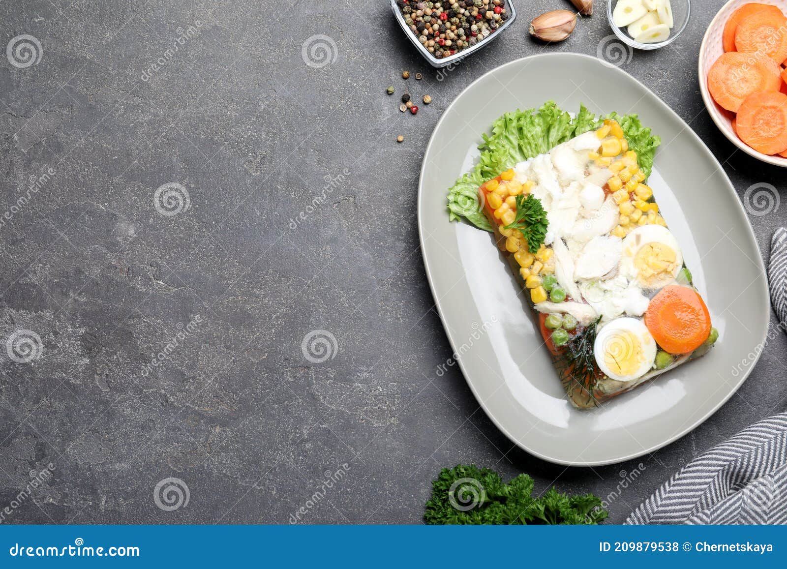 Delicious Fish Aspic Served on Grey Table, Flat Lay. Space for Text ...