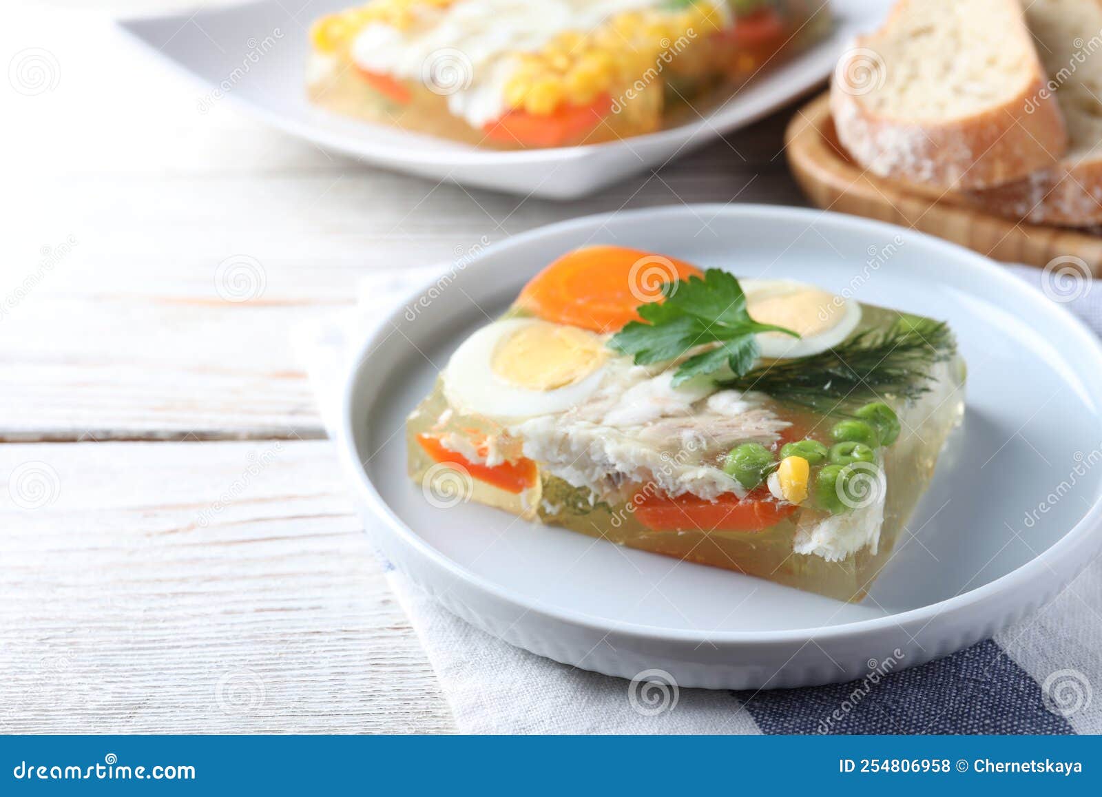 Delicious Fish Aspic Served on White Wooden Table Stock Photo - Image ...