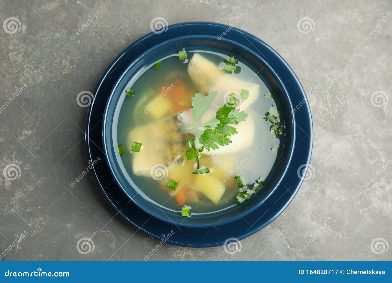 Delicious Fish Soup in Bowl on Grey, Top View Stock Image - Image of ...