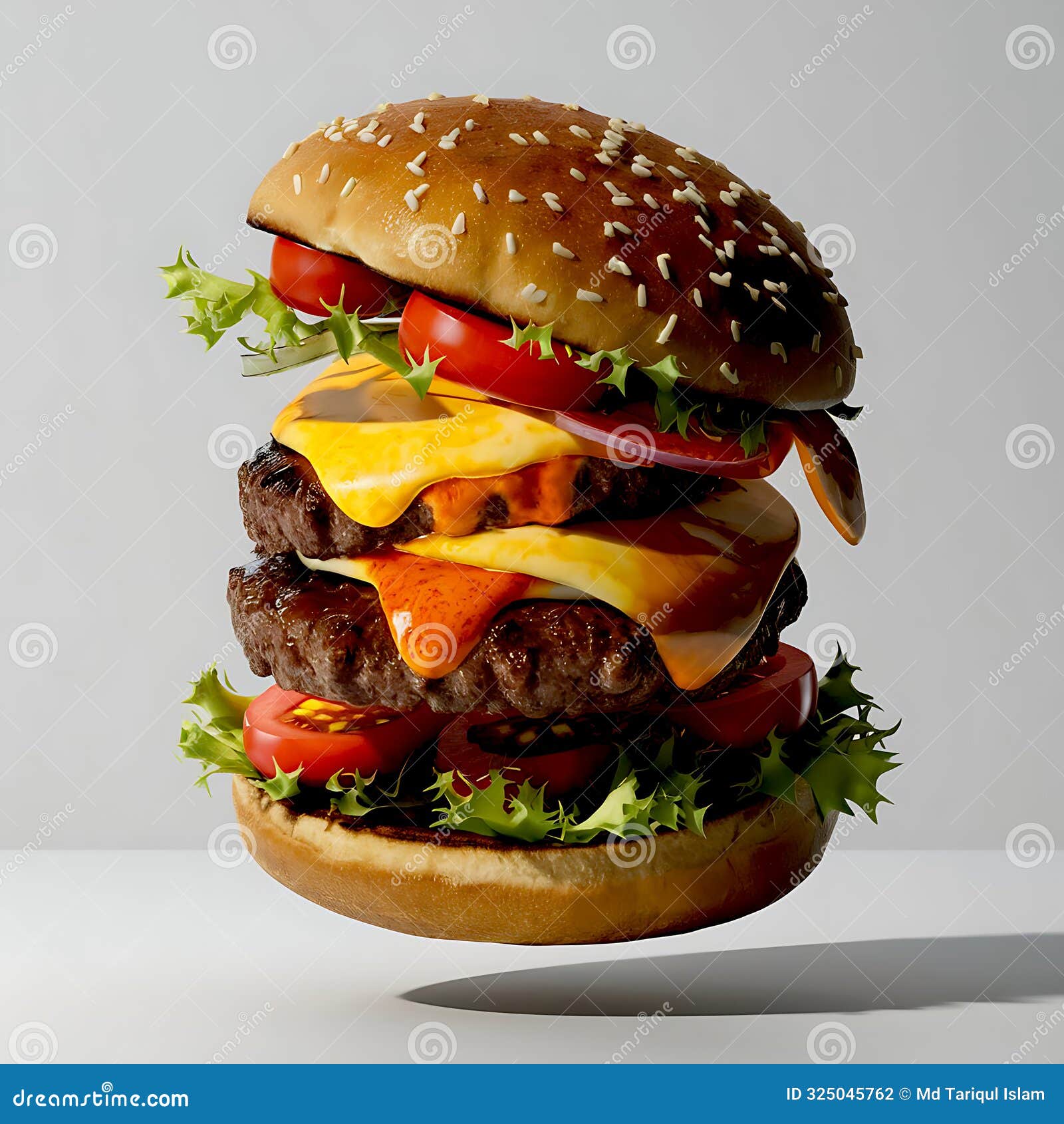 Delicious Floating Burger with Dripping Cheese and Various Ingredients ...