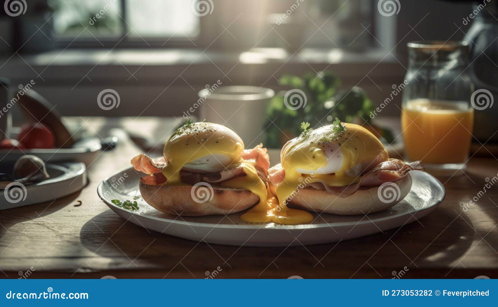 Delicious Eggs Benedict Breakfast Plate on Table - Generative AI Stock ...