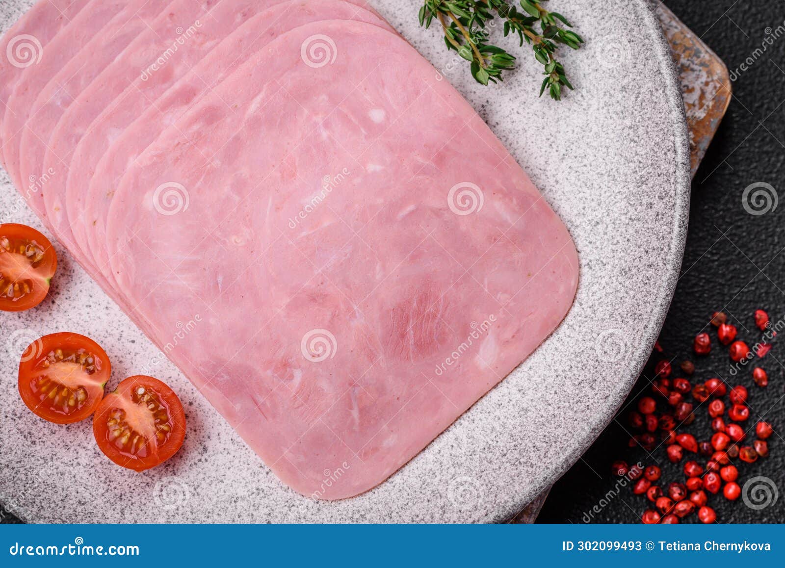 Delicious Fresh Ham Cut into Slices with Salt, Spices and Herbs Stock ...
