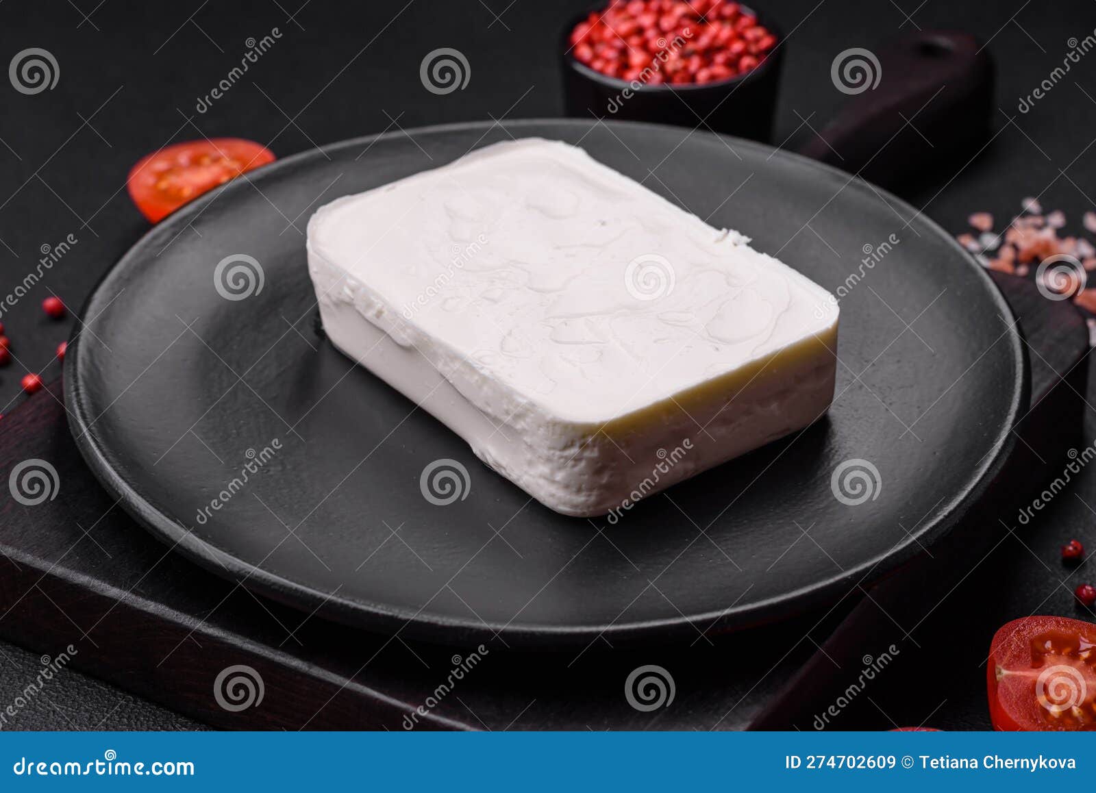 Delicious Fresh Rectangular Shaped Feta Cheese with Spices and ...