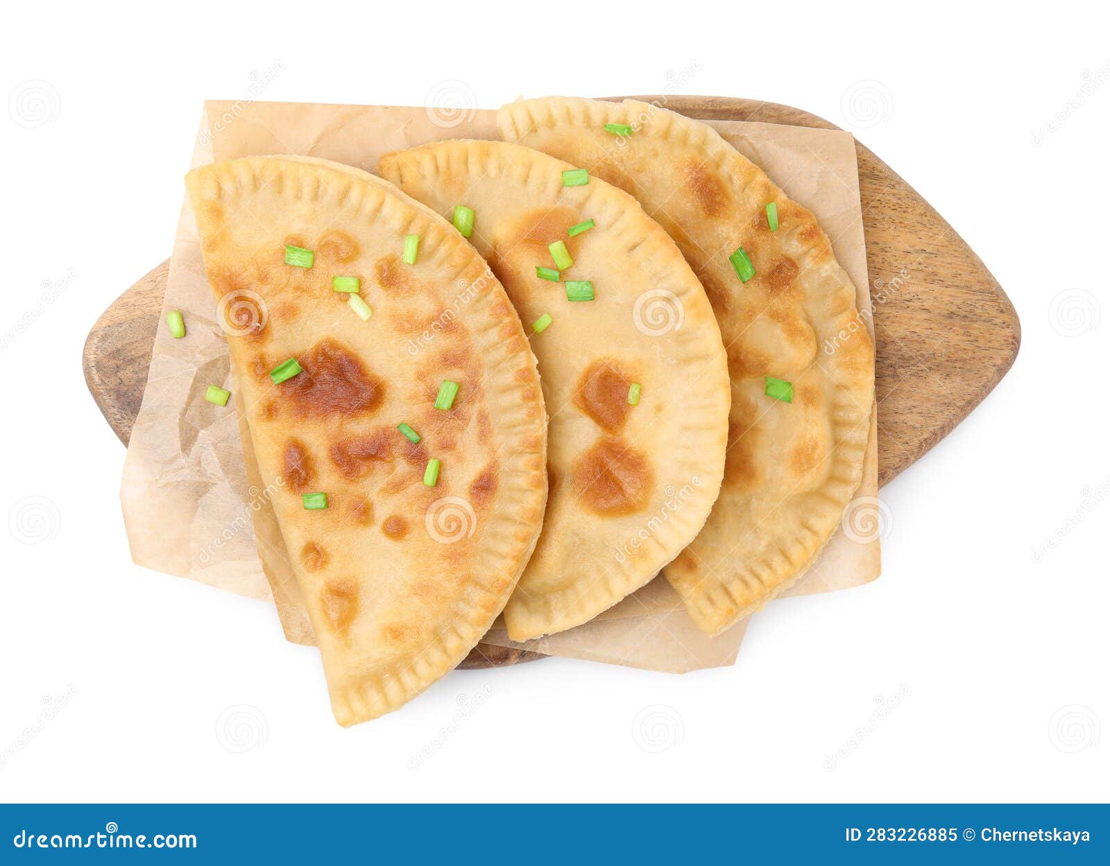 Delicious Fried Chebureki with Cheese and Onion Isolated on White, Top ...