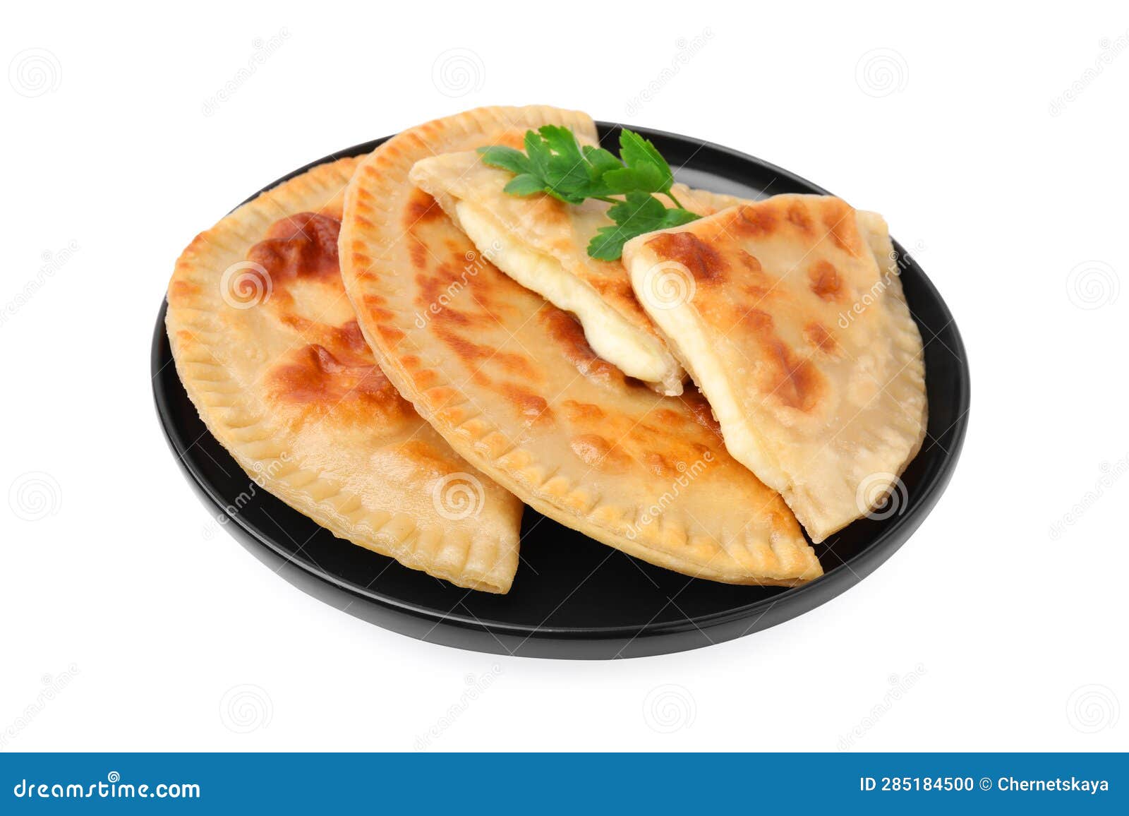 Delicious Fried Chebureki with Cheese and Parsley Isolated on White ...