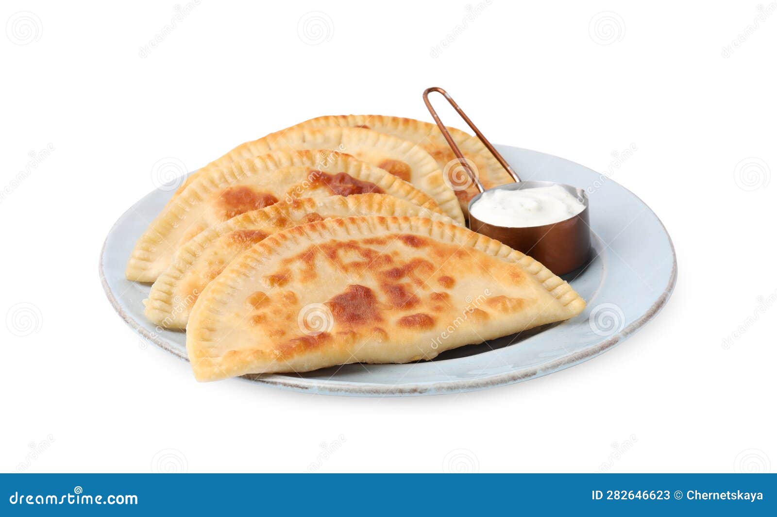 Delicious Fried Chebureki with Cheese and Sauce Isolated on White Stock ...