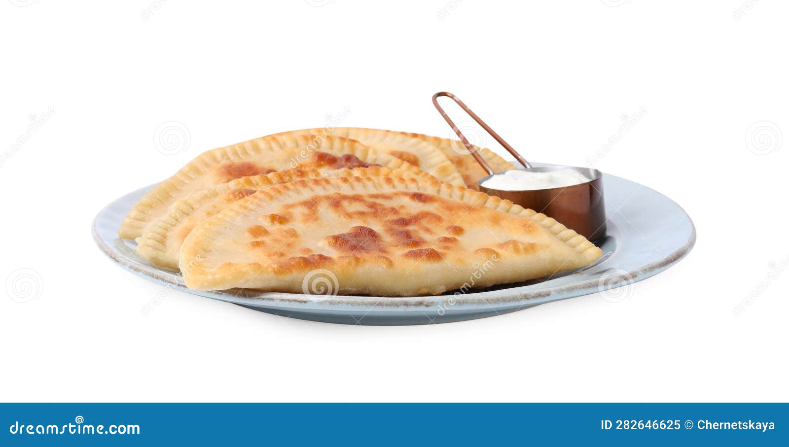 Delicious Fried Chebureki with Cheese and Sauce Isolated on White Stock ...