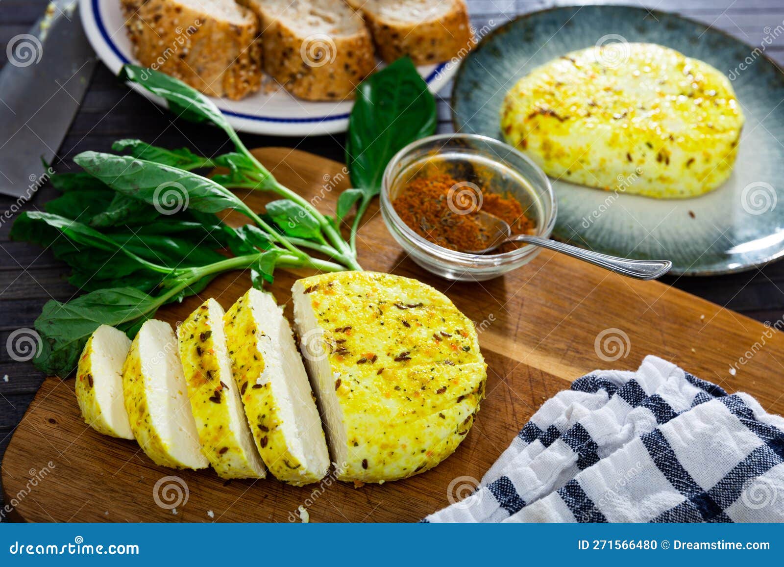 Delicious Fried Cottage Cheese for Breakfast. Bread and Greens Included ...