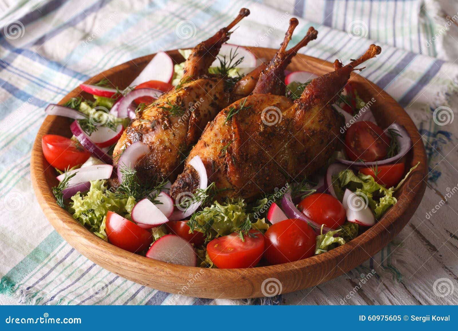 Delicious Fried Quail and Fresh Vegetables Close-up. Horizontal Stock ...