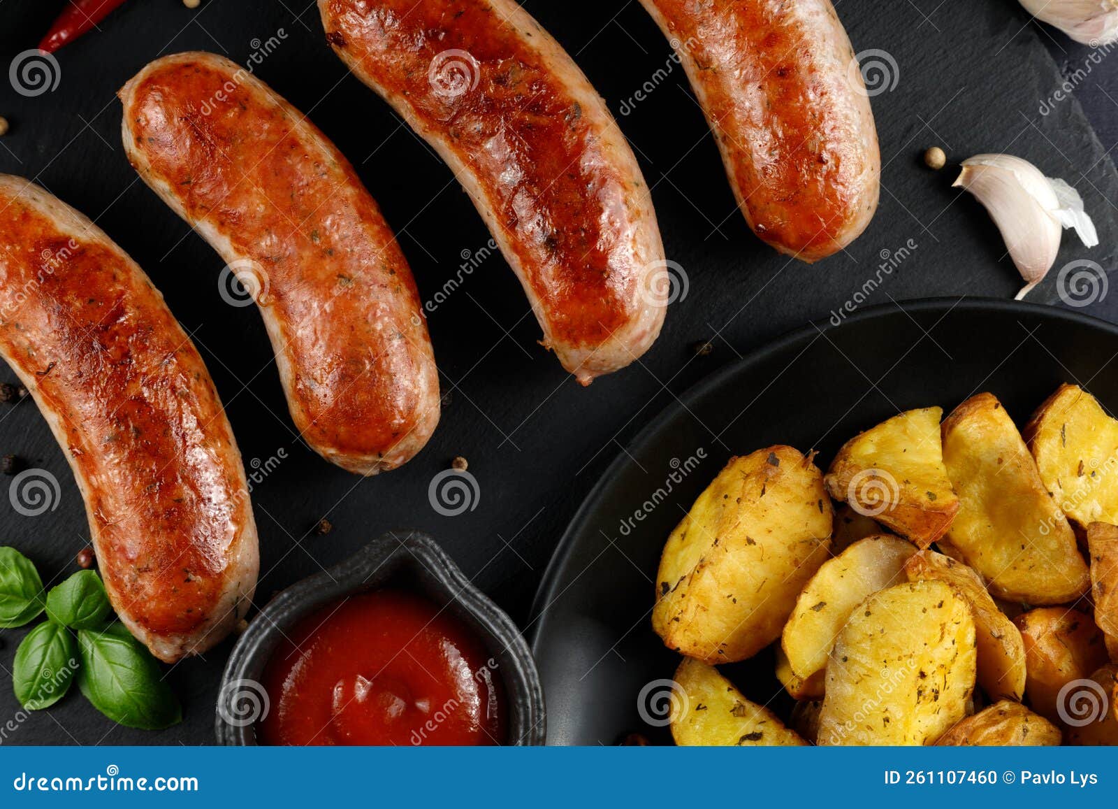 Delicious Fried Sausages With Sauce Grilled Sausages With Ketchup And