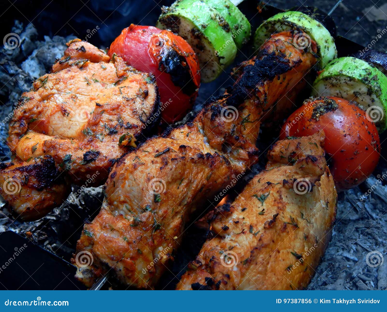 Delicious Fried Shish Kebab with Vegetables on a Spit Stock Photo ...