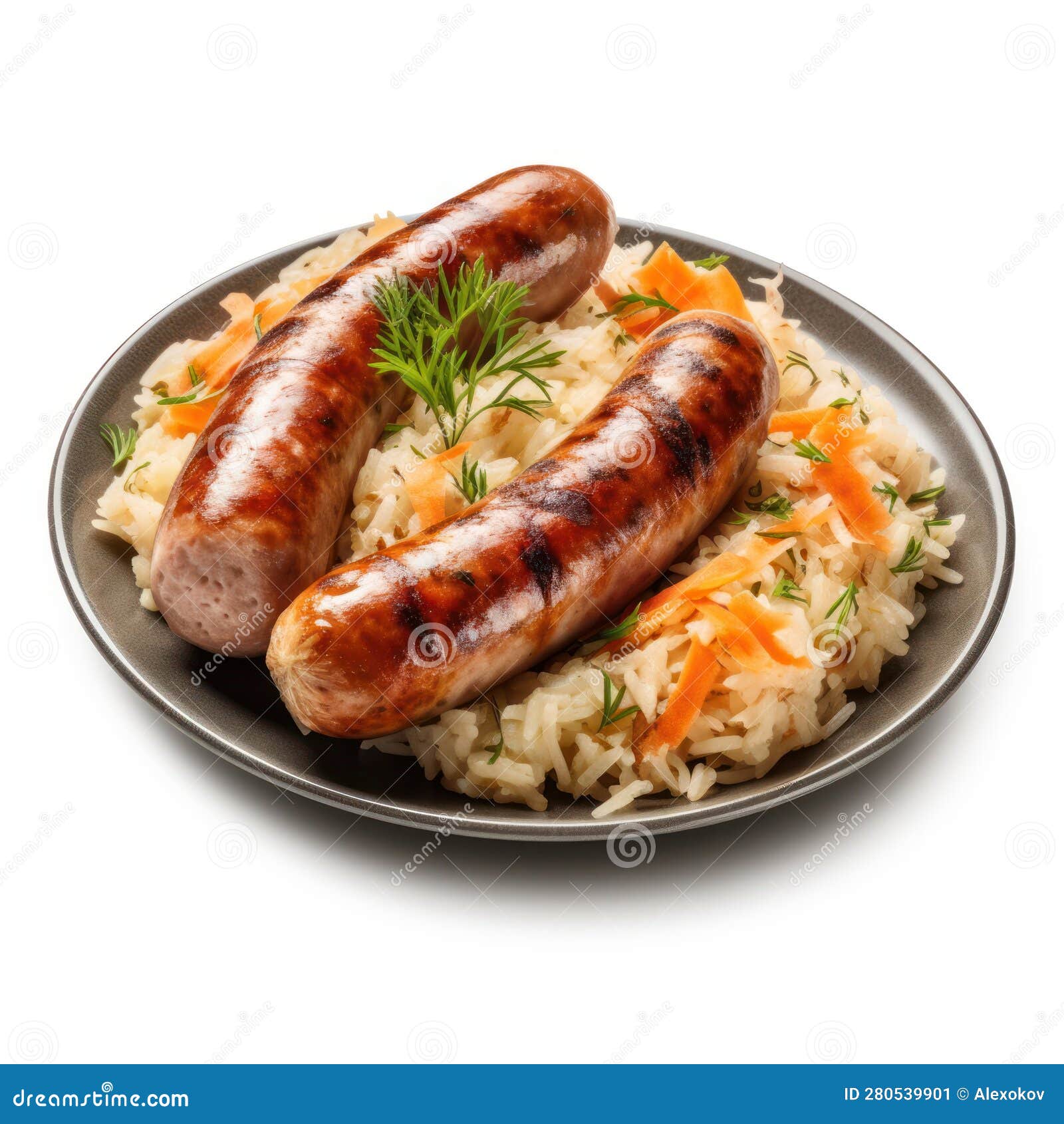 Delicious German Bratwurst with Sauerkraut on a Plate . Stock ...