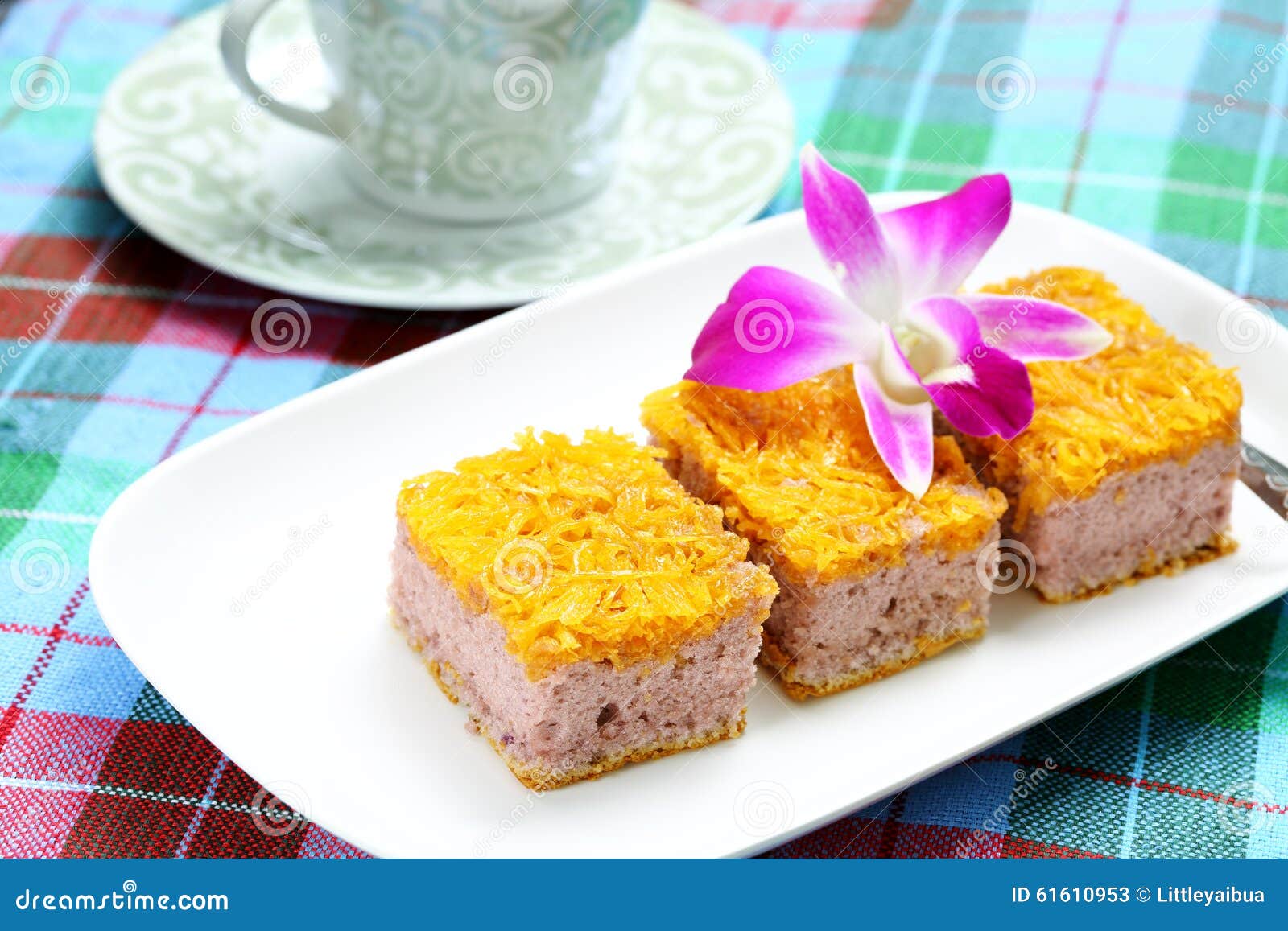Delicious Gold Egg Yolk Thread Cakes on White Plate and Coffee. Stock ...