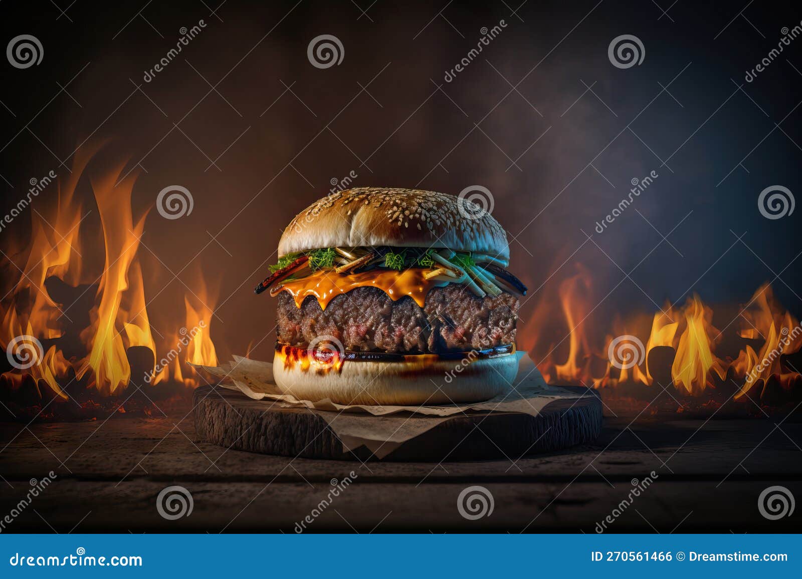Delicious Gourmet Burger on Cutting Board with Fire in the Background ...