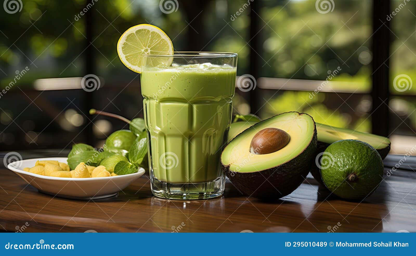 Delicious Green Fresh Avocado Smoothie or Shake with Lemons Selective ...