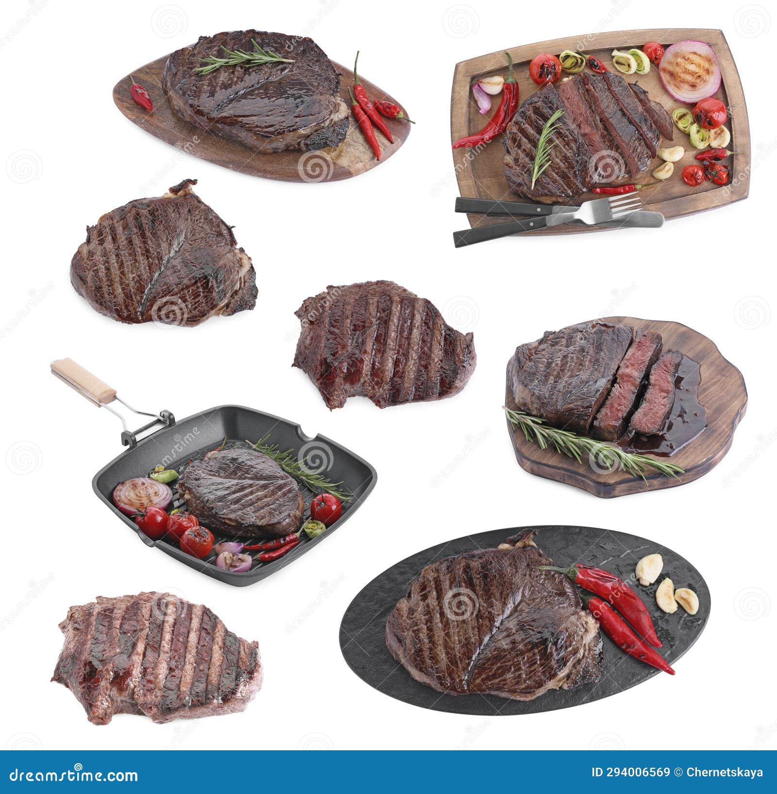 Delicious Grilled Beef Meat Isolated on White, Collage Design Stock ...