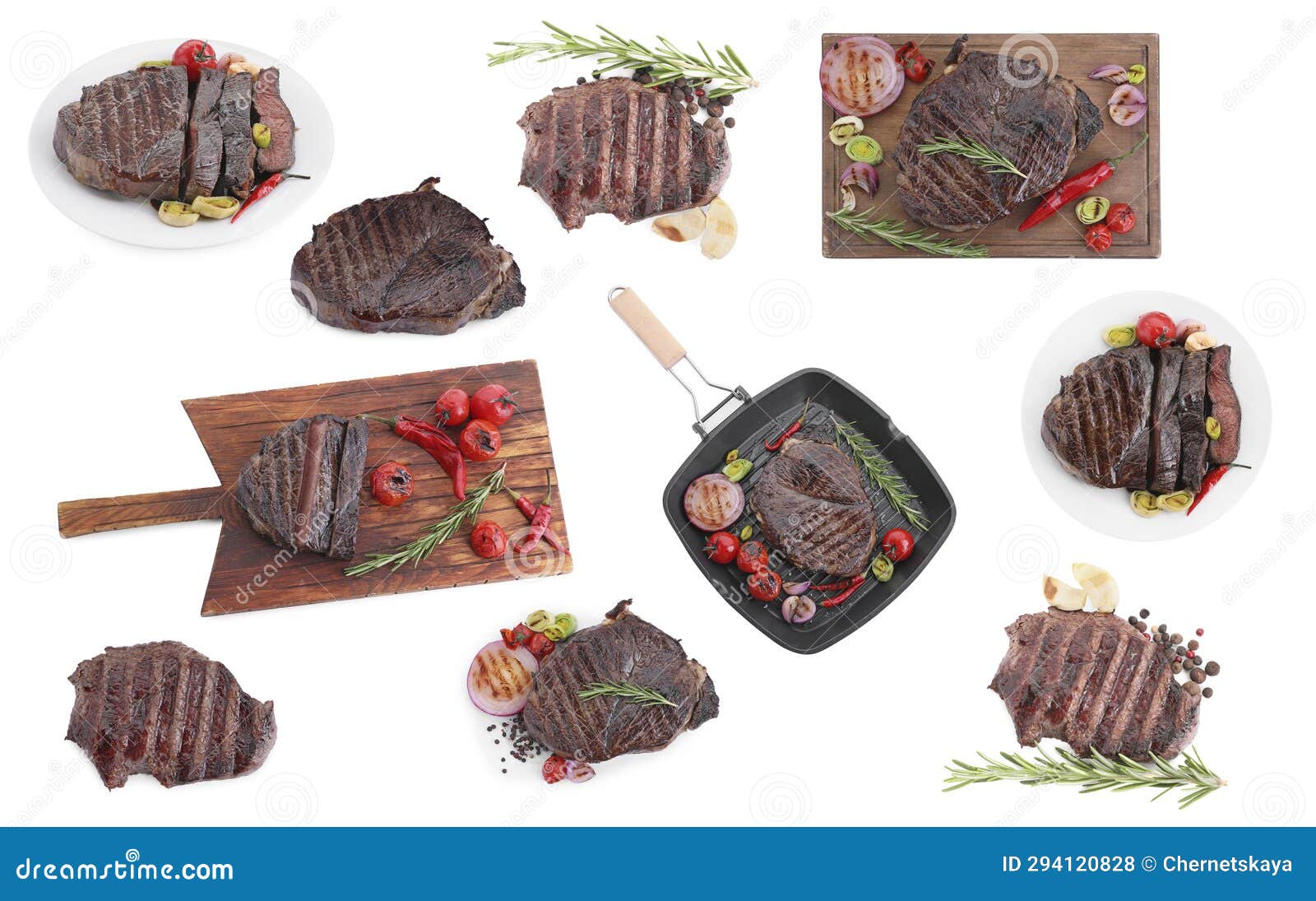 Delicious Grilled Beef Meat Isolated on White, Collage Design Stock ...
