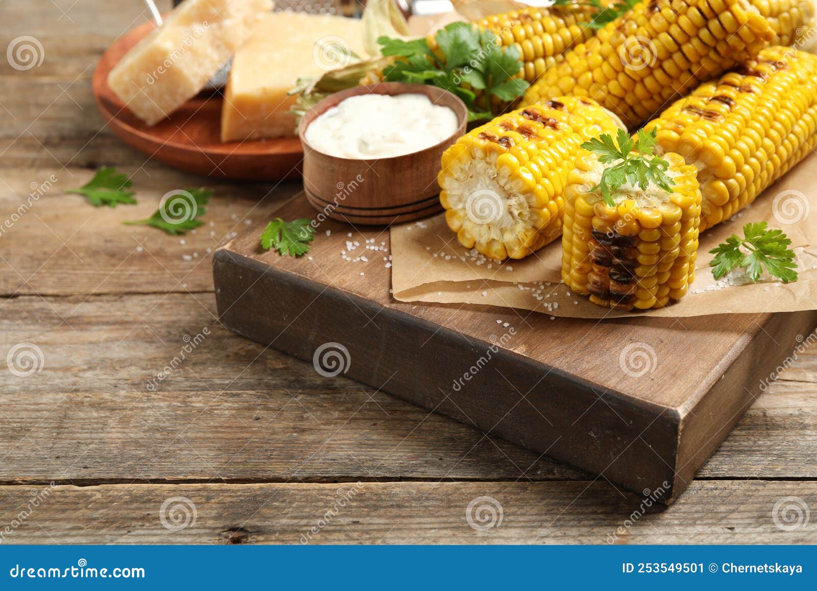 Delicious Grilled Corn Cobs on Wooden Table. Space for Text Stock Image ...