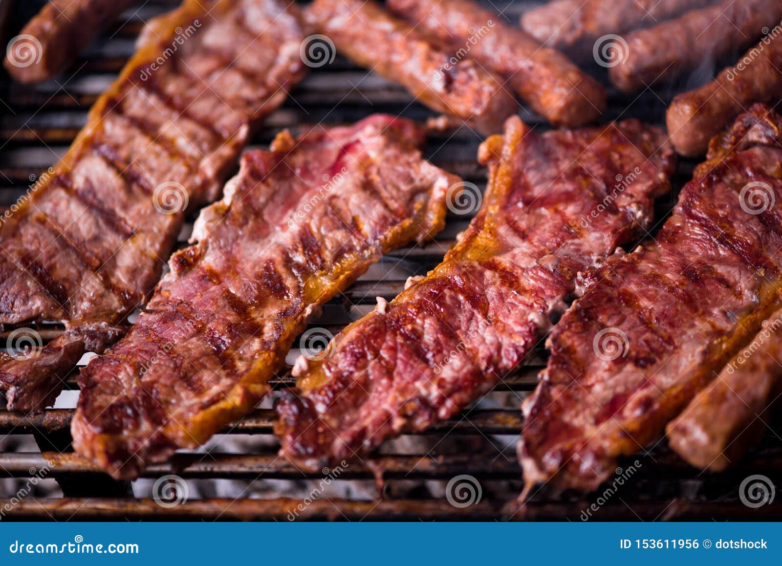 Delicious Grilled Meat on Barbecue Stock Photo - Image of flame ...